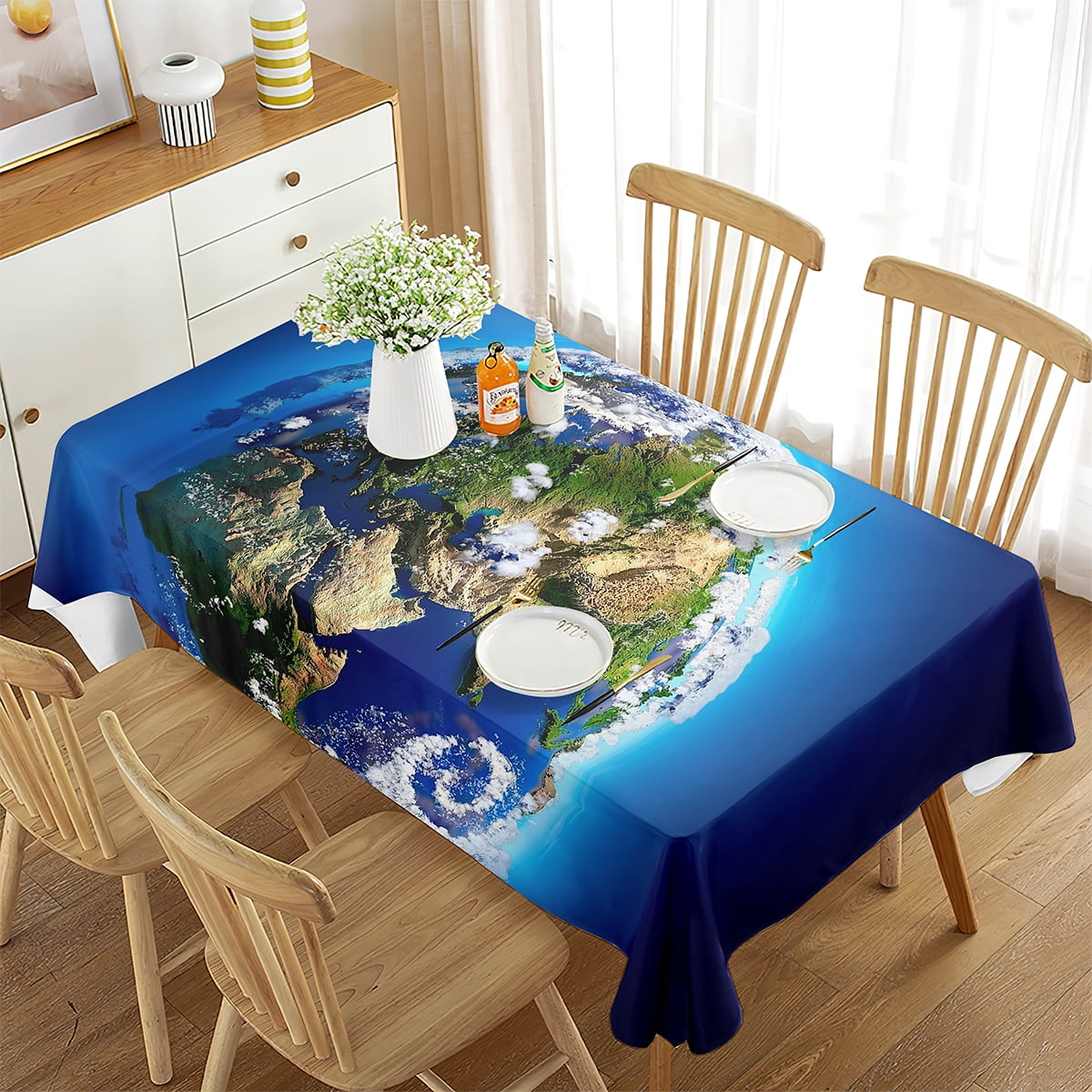 Earth Tree Grass Tablecloth Huge Blue Planet Rectangle Table Cover for ...