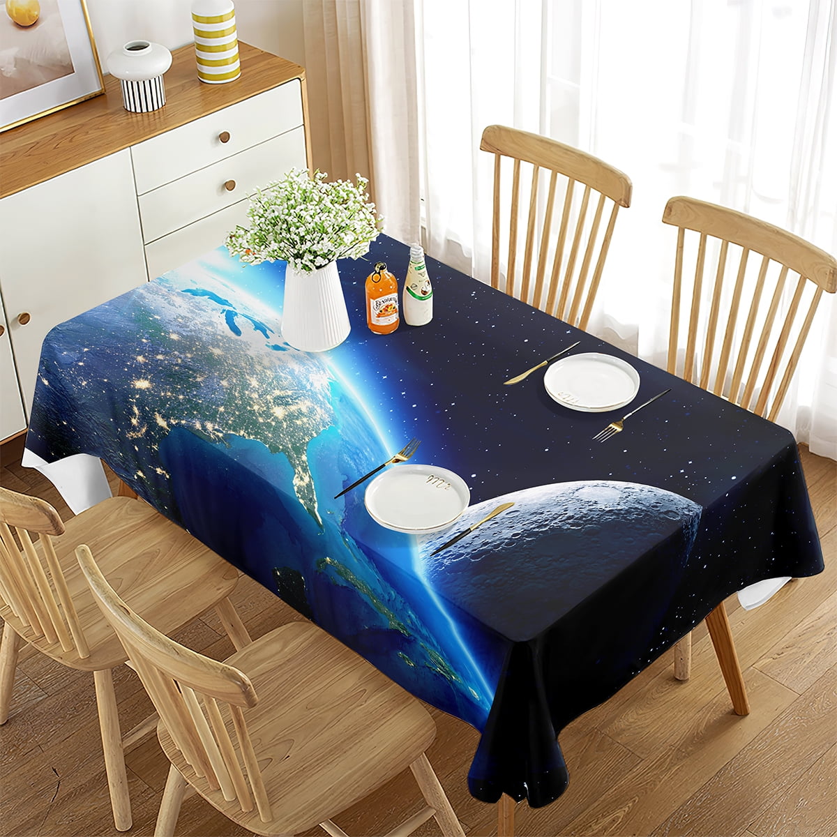 Earth Tree Grass Tablecloth Huge Blue Planet Rectangle Table Cover for ...