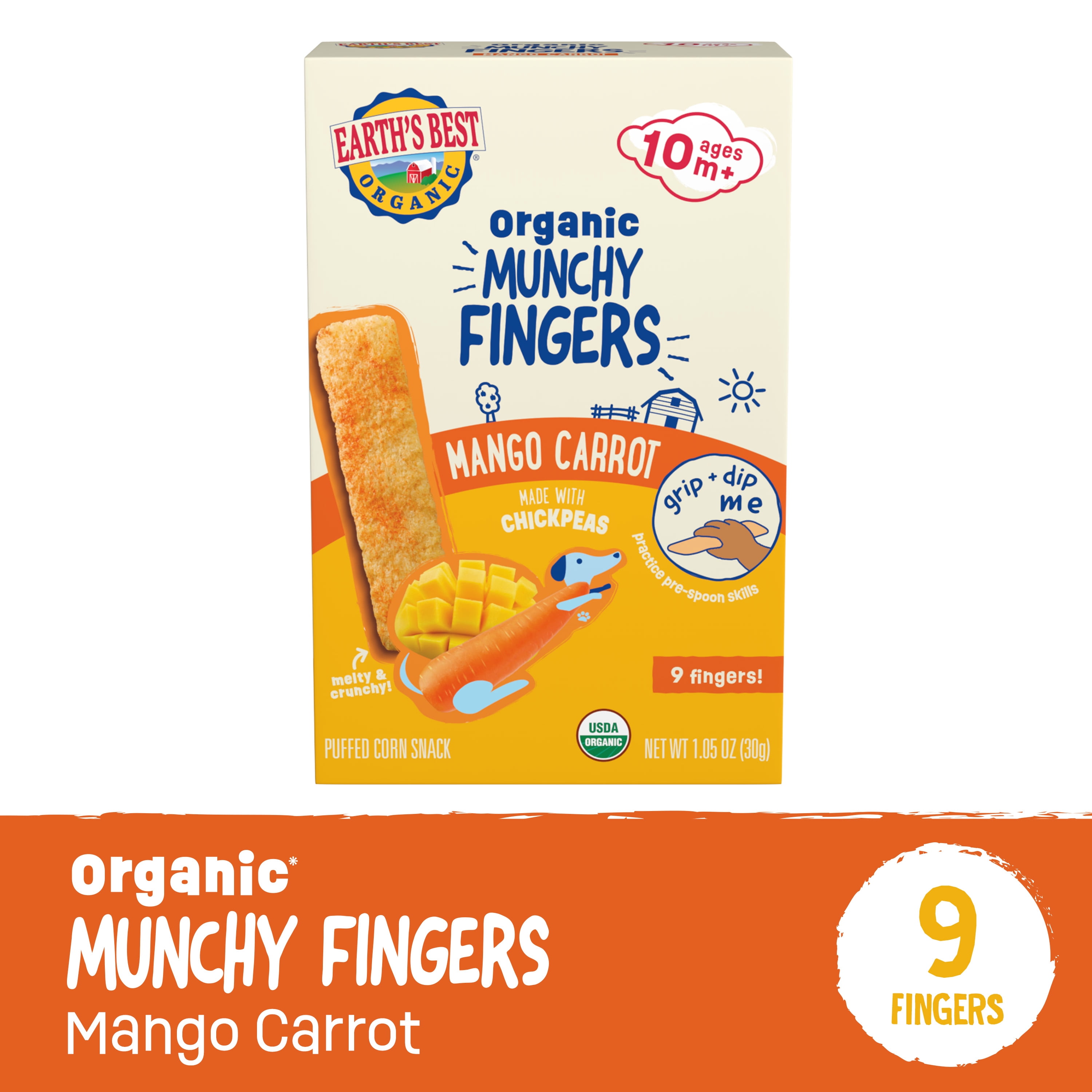 Earth's Best Organic Bite-Size Munchy Fingers Mango Carrot Puffed Baby ...