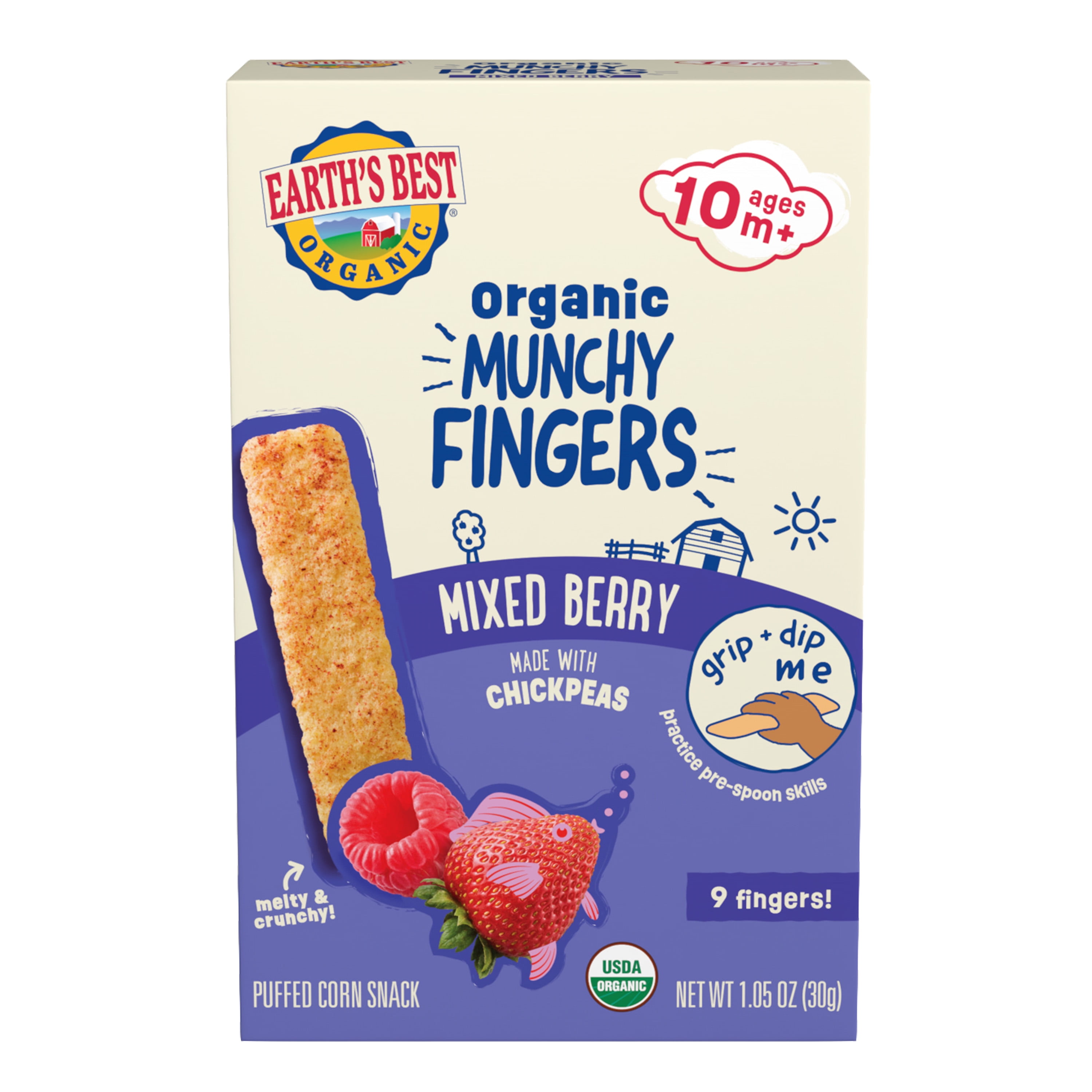 Earth's Best Organic Bite-Size Munchy Fingers Mixed Berry Puffed Baby ...