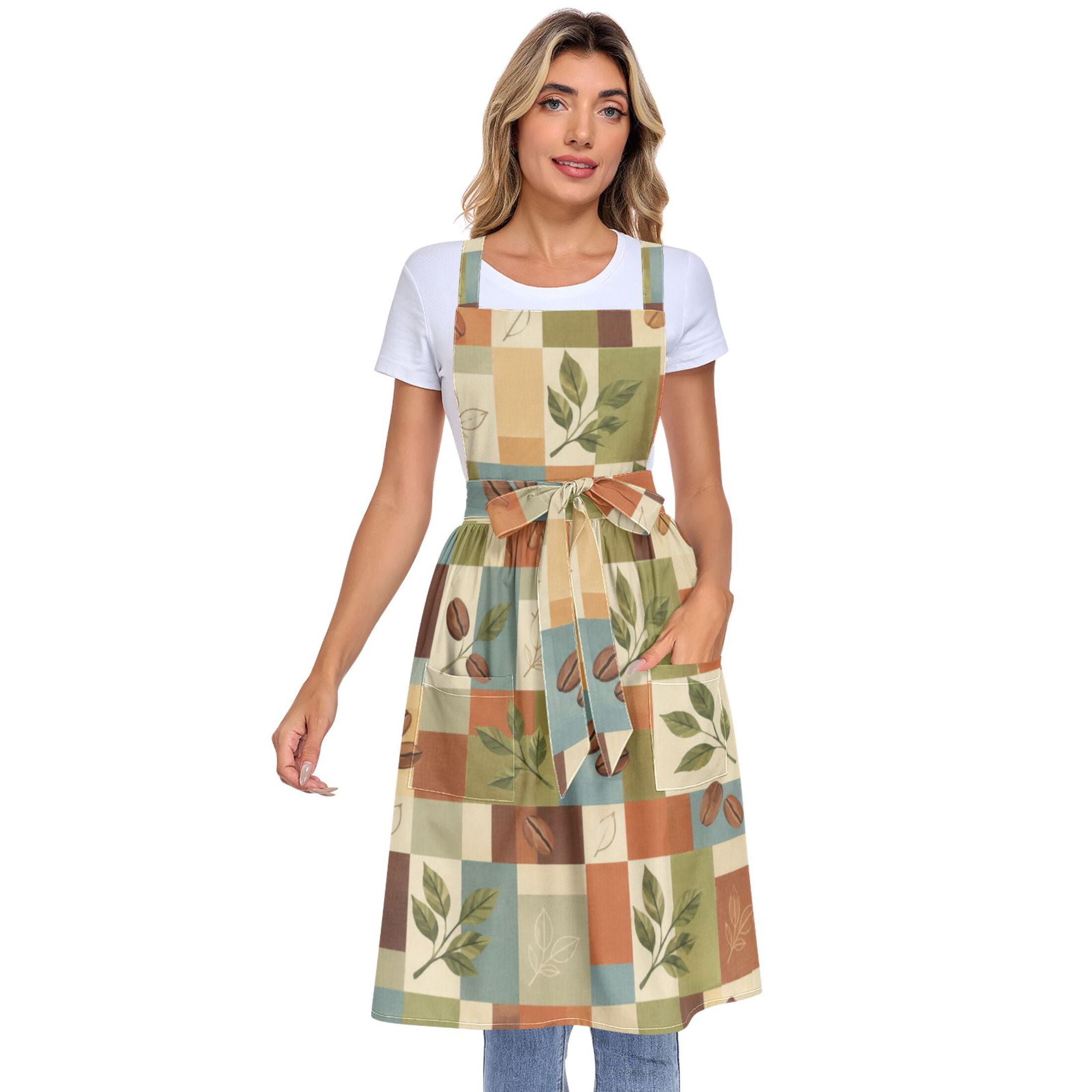 Earthy Coffee Patchwork Printed Womens Aprons Adjustable Long Tie ...