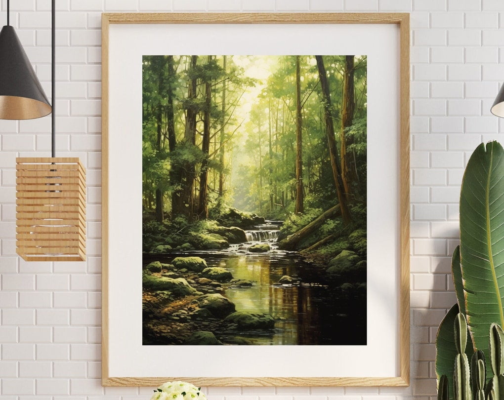 Earthy Green Forest Acrylic Art Print - Gentle Stream Painting, Verdant ...