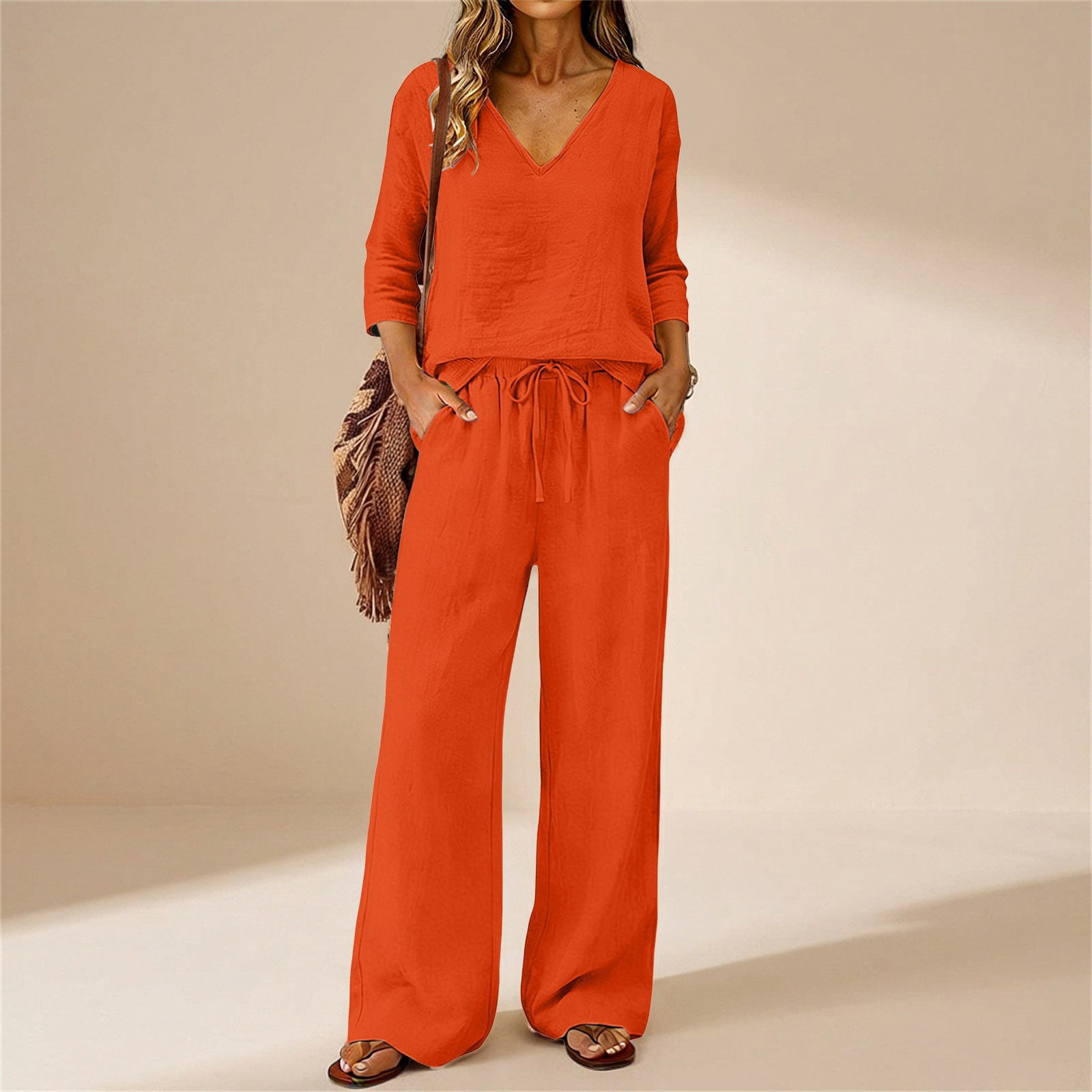 EaseDay Two Piece Sets for Women Soft 3/4 Sleeve V Neck Top Wide Leg ...