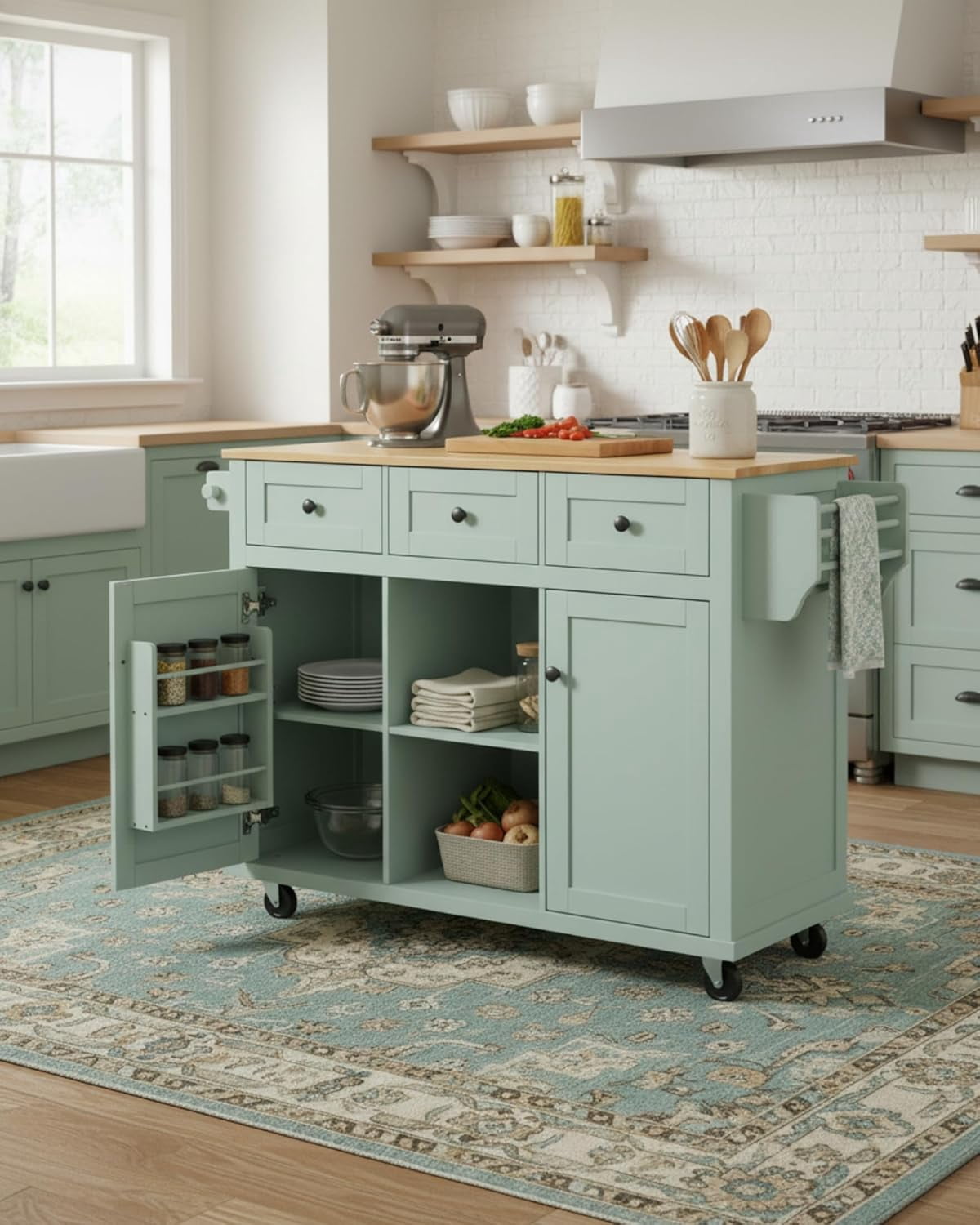 EaseLivin Mobile Kitchen Island with Drop Leaf: 53.1" Rubber Wood ...
