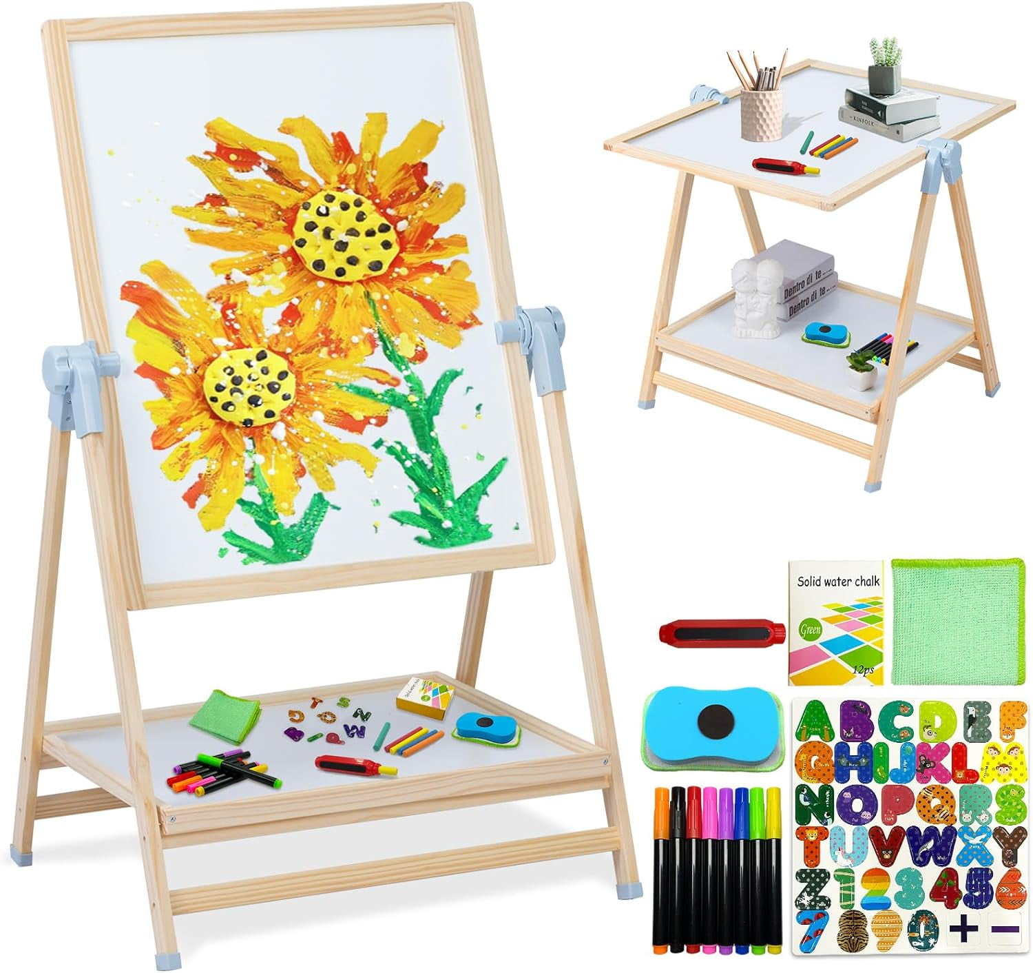 Easel for Kids, Kids Easel Double Sided Wooden Easel Standing, 4 in 1 ...