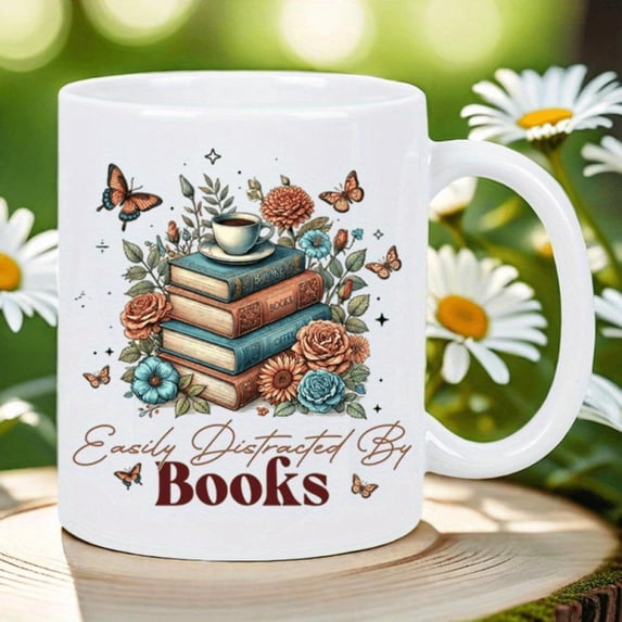 Easily Distracted By Books 11oz Ceramic Coffee Mug with Literary Design ...