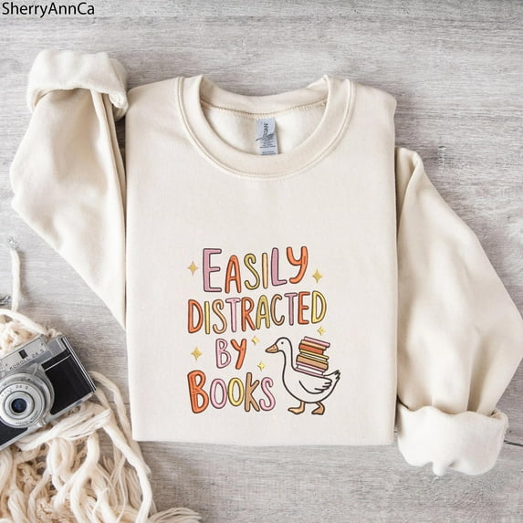 Easily Distracted By Books Goose Embroidered Sweatshirt, Funny Goose ...