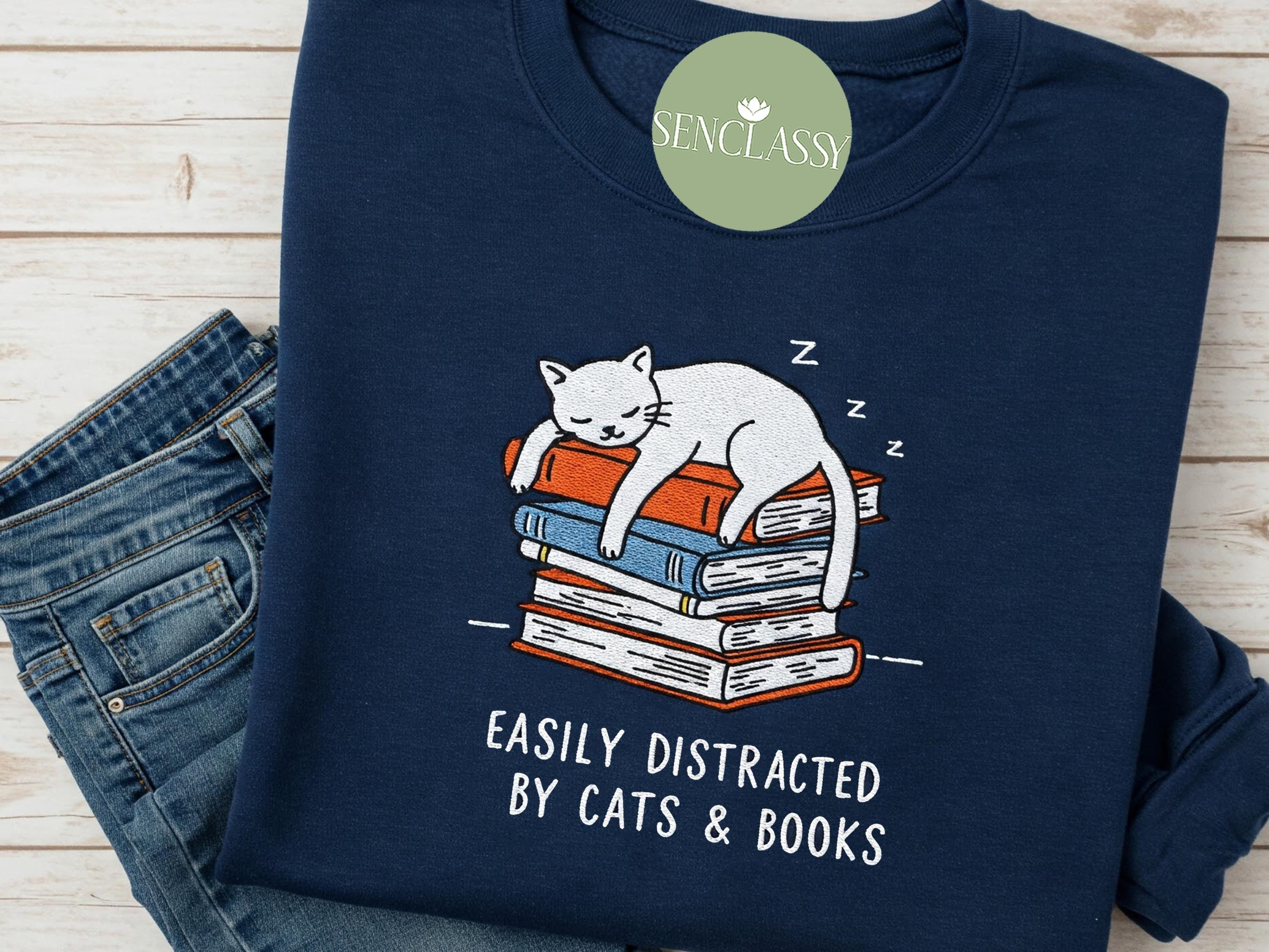 Easily Distracted By Cat And Books Embroidered Hoodie, Bookish Sweater ...