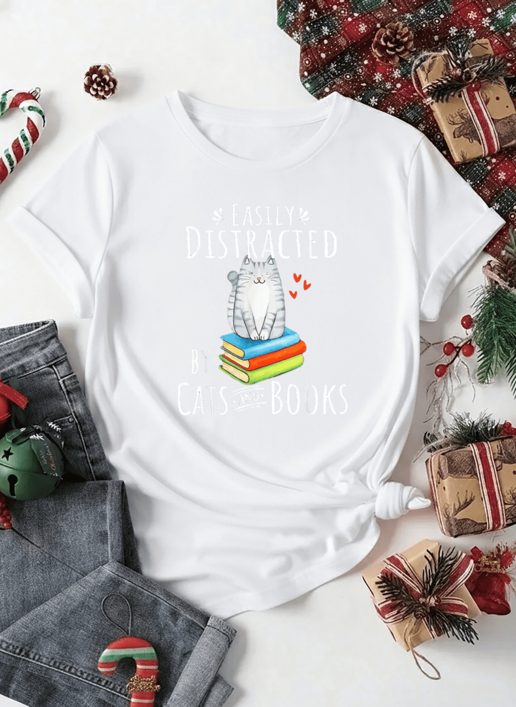 Easily Distracted By Cats And Books Funny Pet Lover up to Size 5XL ...