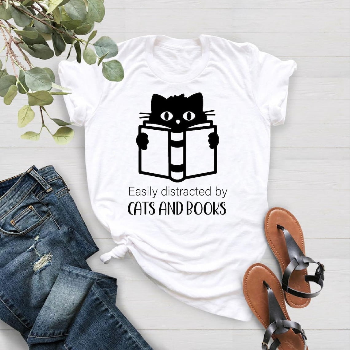 Easily Distracted By Cats And Books Librarian Nerd T-Shirt All Size S ...