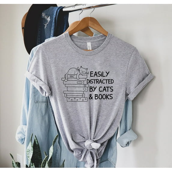 Easily Distracted By Cats And Books Shirt, Book Lover Gift, Funny Cat ...