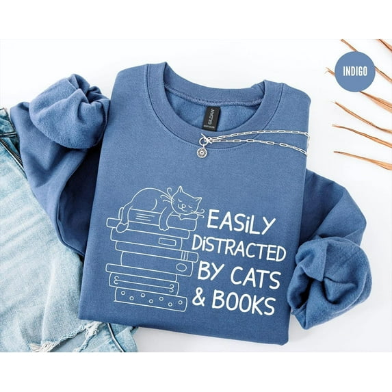 Easily Distracted By Cats And Books T-Shirt, Book Lover Gift, Funny Cat ...