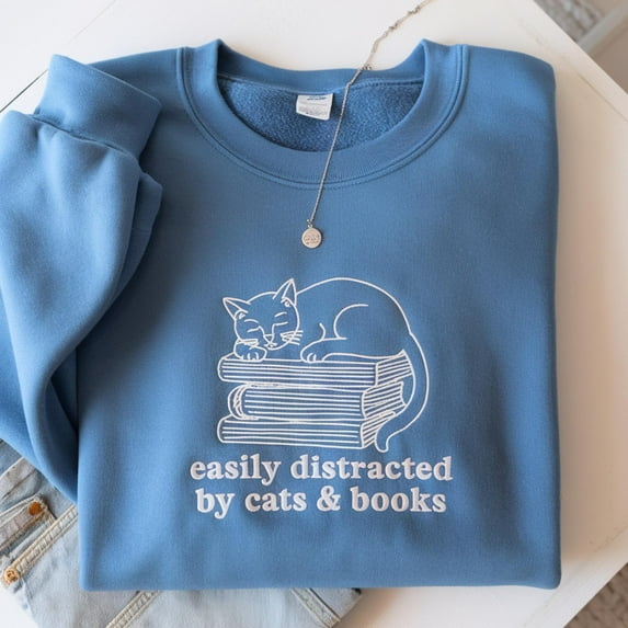Easily Distracted By Cats and Books Sweatshirt, Book Lover Gift ...