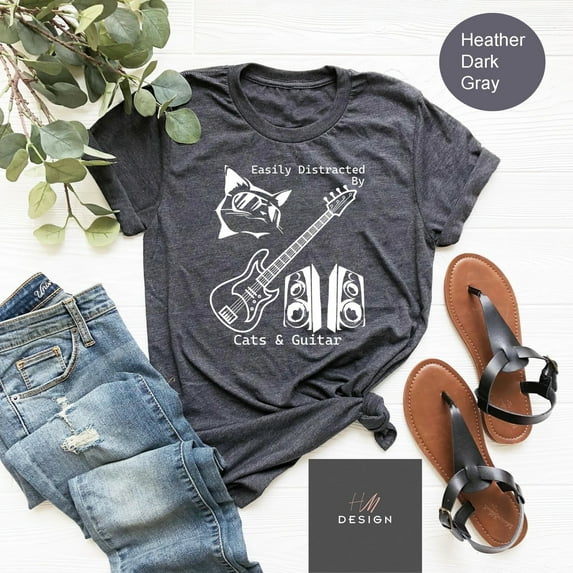 Easily Distracted By Cats and Guitar T-Shirt - Cat Playing Guitar Shirt ...