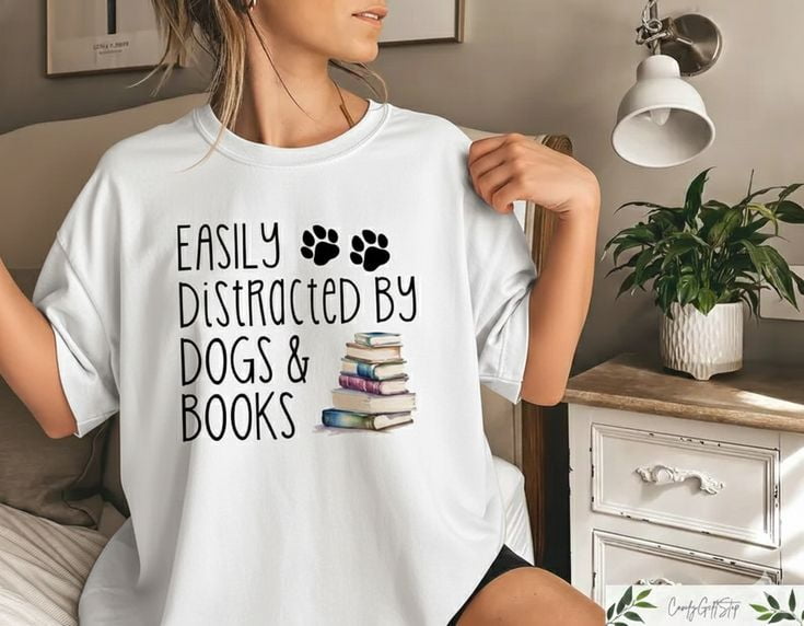 Easily Distracted By Dogs And Books Vintage Graphic T-Shirt, Dog Lover ...