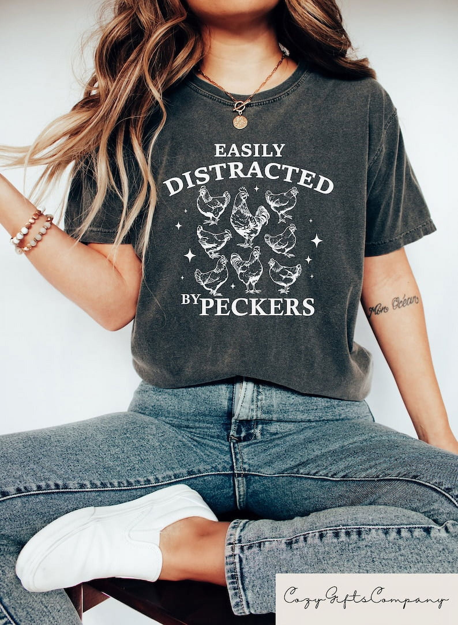 Easily Distracted By Peckers T-Shirt, Funny Chickens Shirt For Womens ...