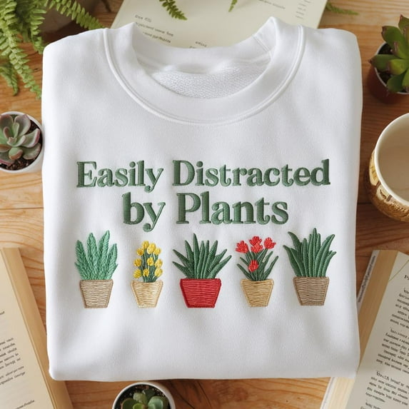 Easily Distracted By Plants Embroidered Shirt, Plant Love Shirt, Plant ...