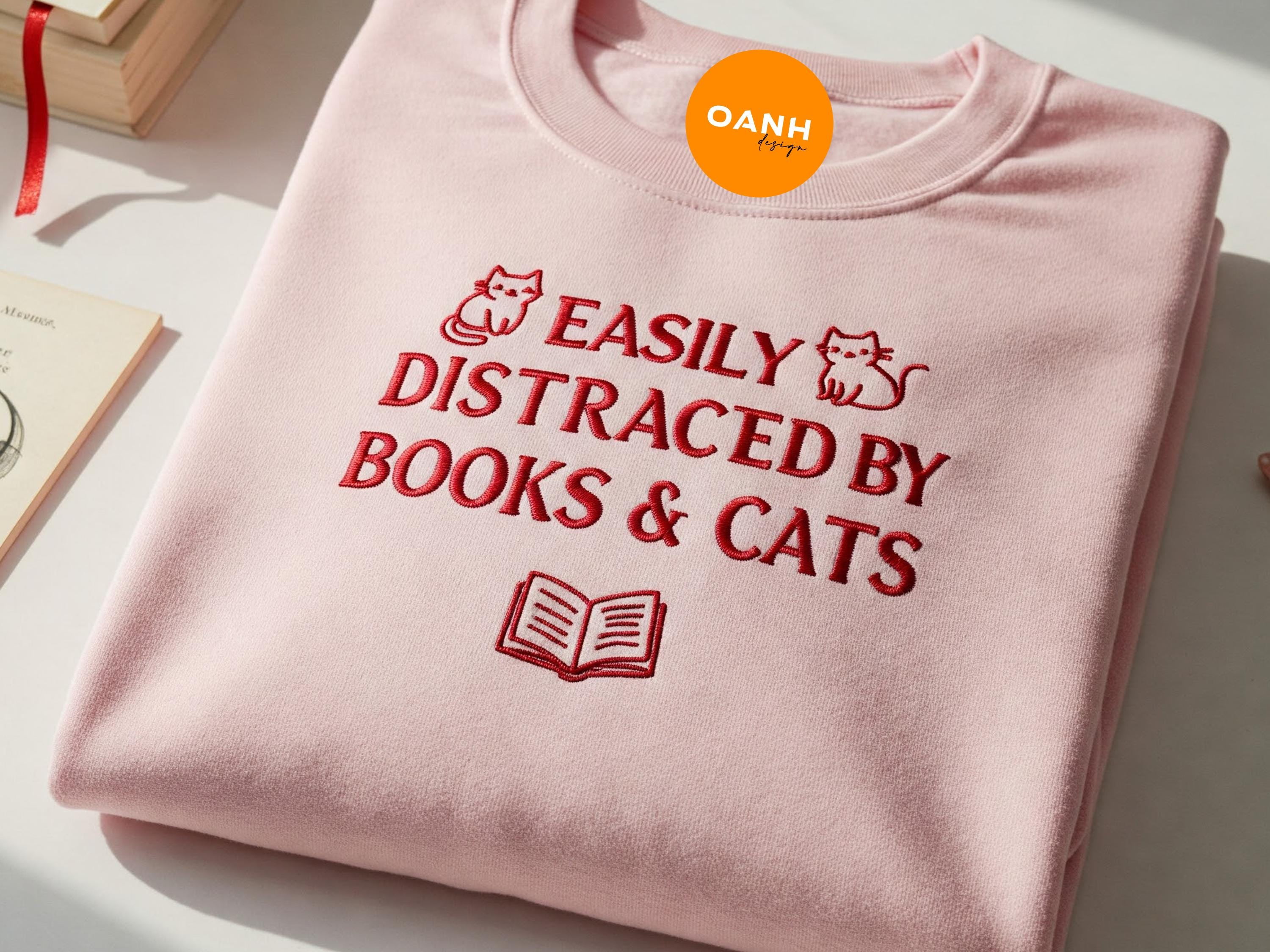 Easily Distracted by Books and Cats Embroidered Sweatshirt, Book Lover ...