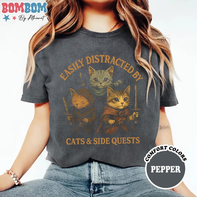 Easily Distracted by Cats and Side Quests T-Shirt, Dnd Fan Shirt ...