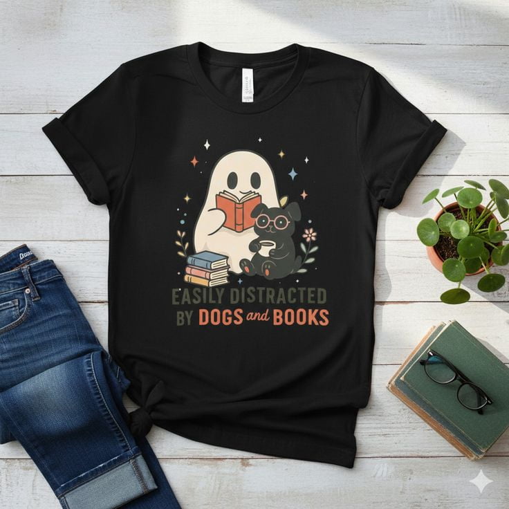 Easily Distracted by Dogs and Books Tee, Cute Animal Lover T-Shirt ...