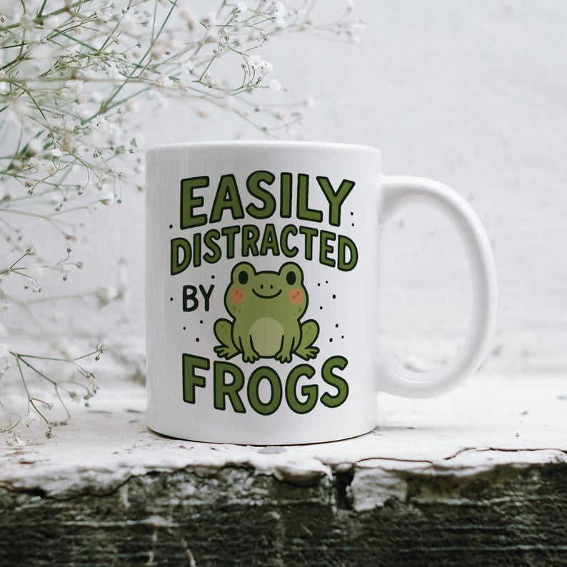 Easily Distracted by Frogs Mug, Frog Lover Gift, Funny Amphibian Coffee Cup, Cute Animal Mug for ...