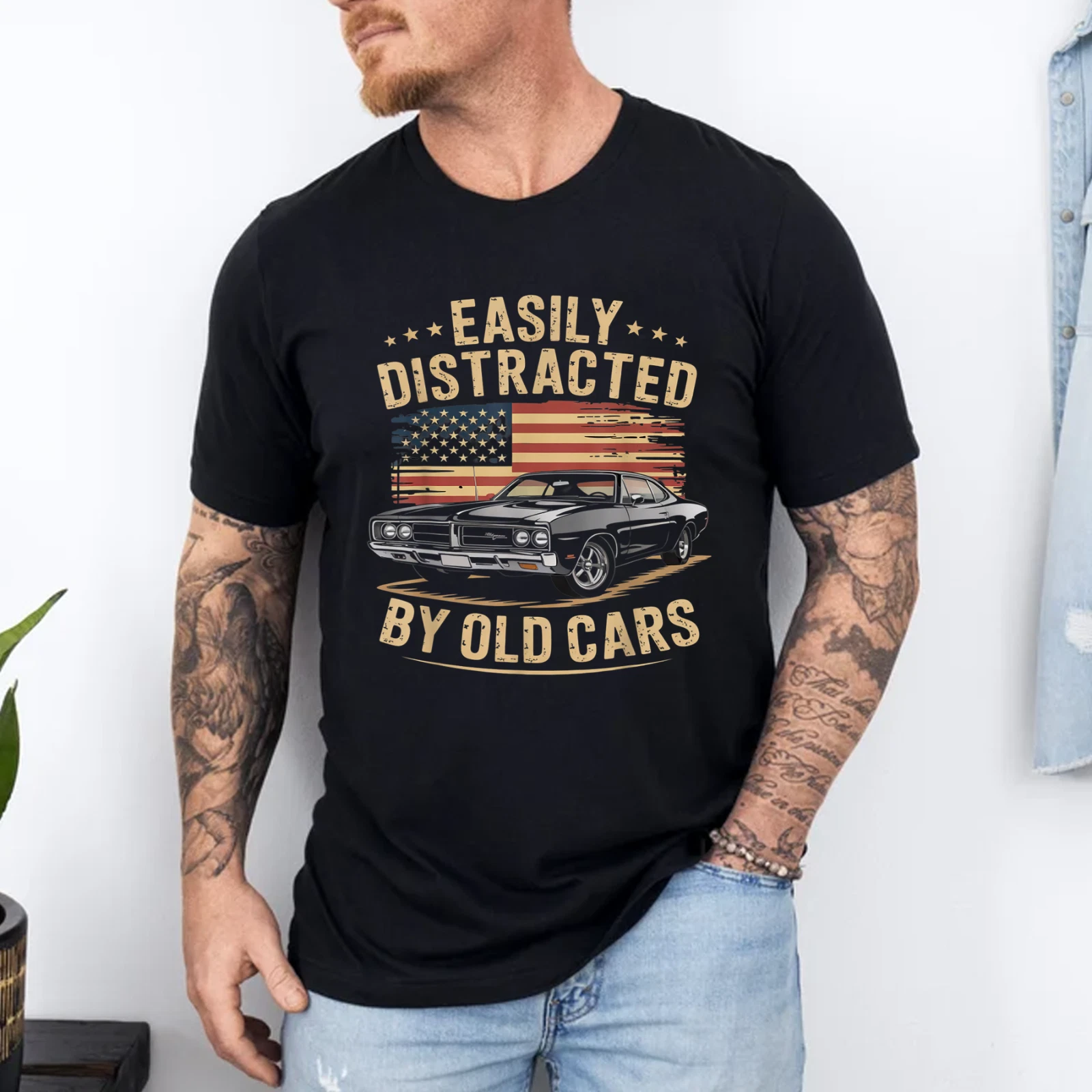 Easily Distracted by Old Cars Retro Classic Car Guy Vintage Humor Unisex T-Shirt, up to size 5XL ...