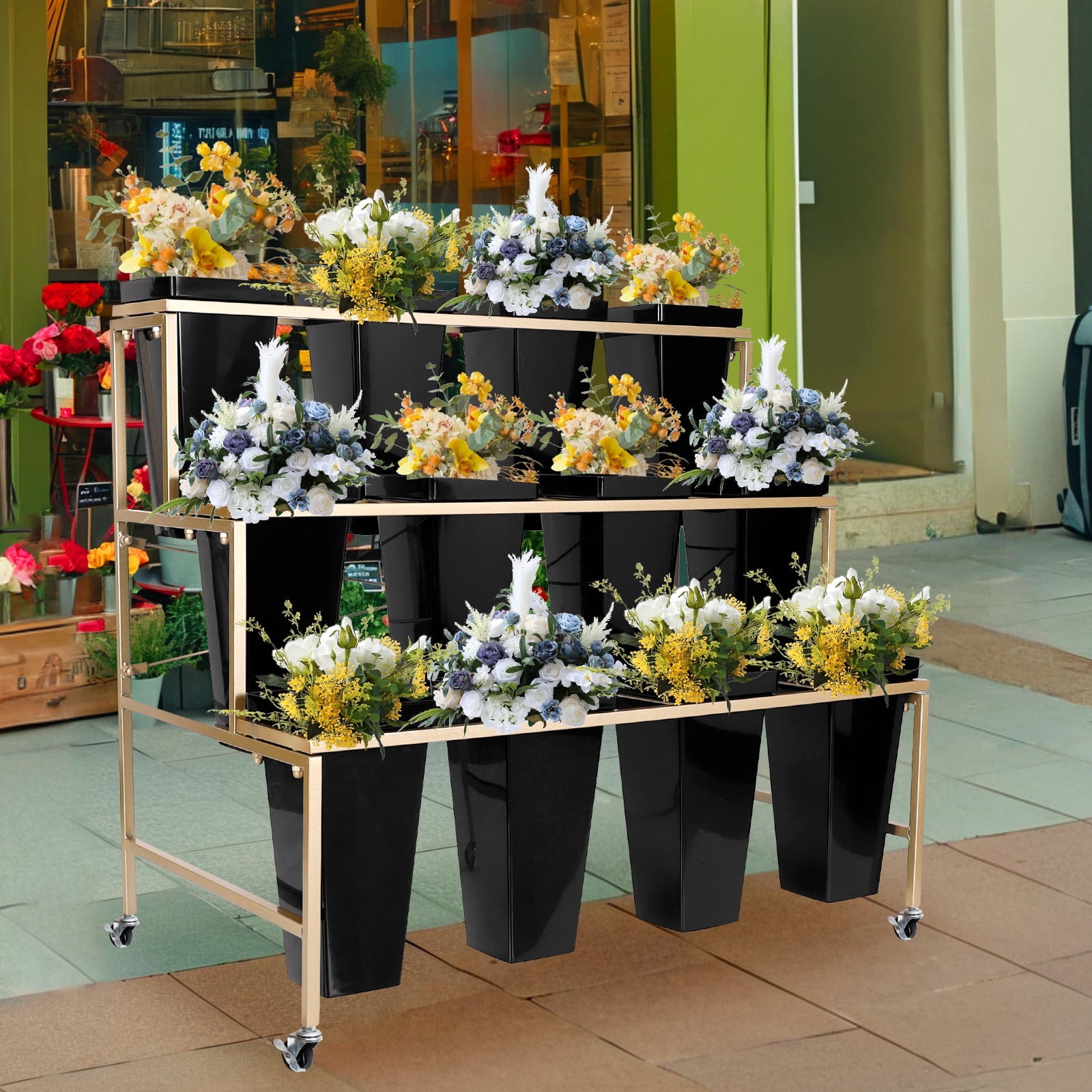 Easily Movable Golden Flower Rack, Three - tier Structure, with Black ...