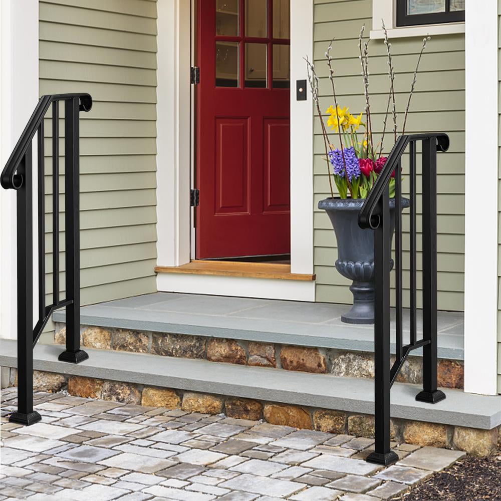 EasingRoom 2-Step Picket Black Wrought Iron Handrail, Metal Outdoor Stair Railing, Wall Mounted ...