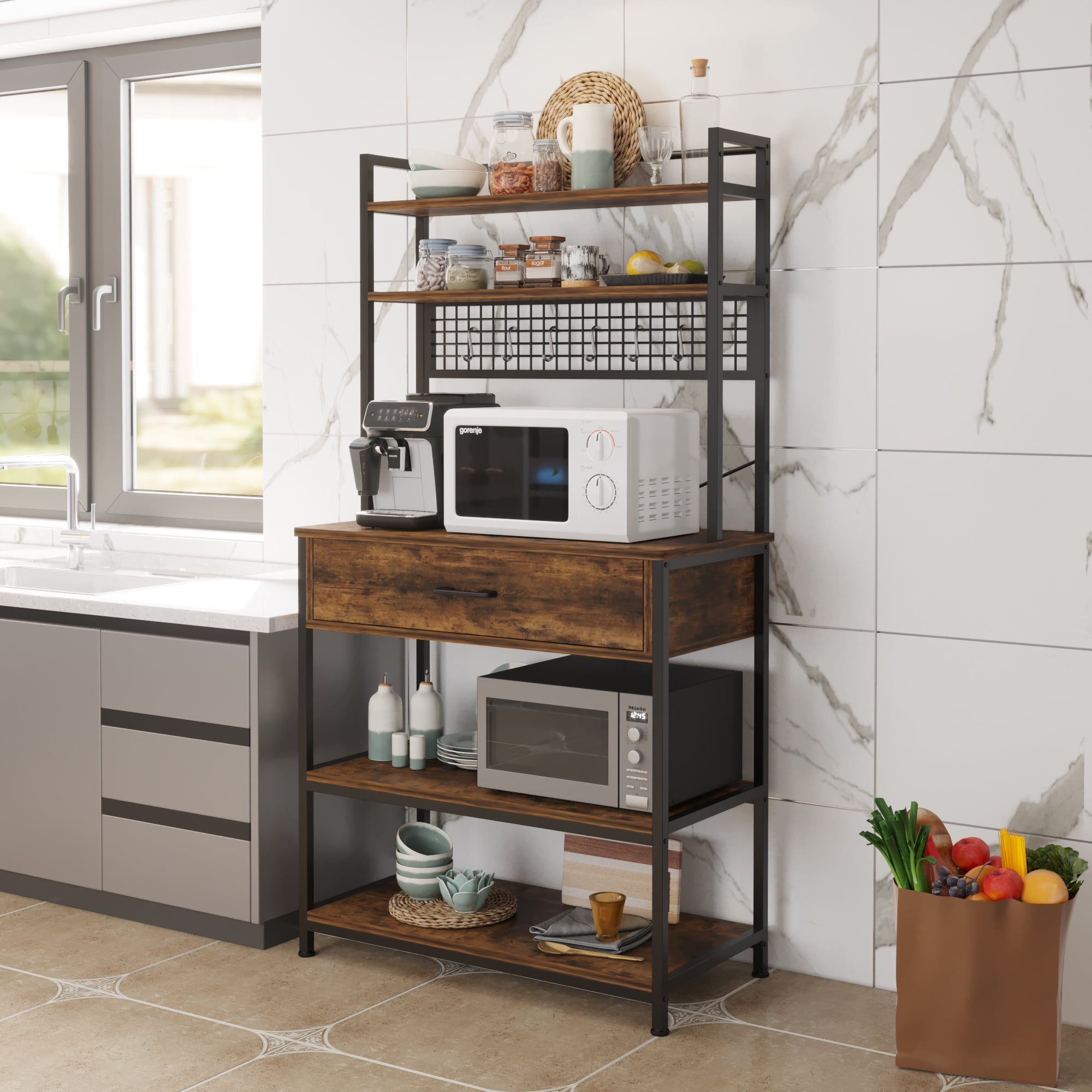 EasingRoom 5-Tier Bakers Rack with Drawer & 10 Hooks, Free Standing ...