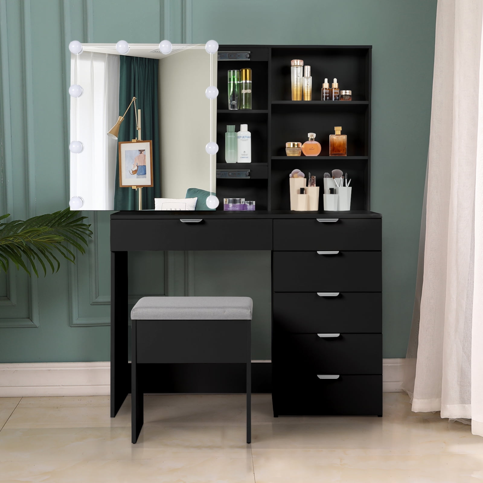 EasingRoom Vanity Set with Sliding Mirror, Shelves Makeup Table Set ...