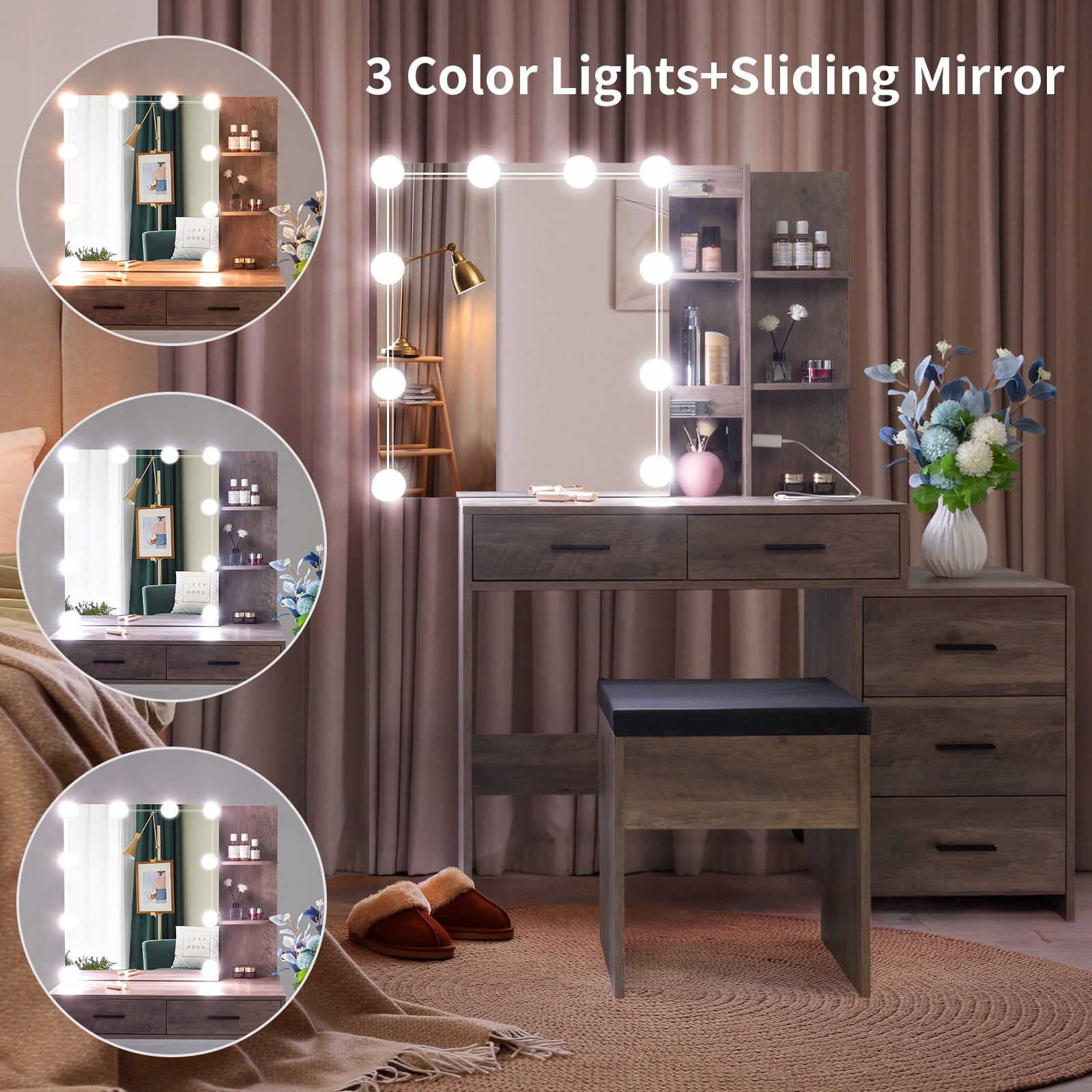 FCH Vanity Set with Sliding Mirror, LED Lights, USB Station, 5 Drawers ...