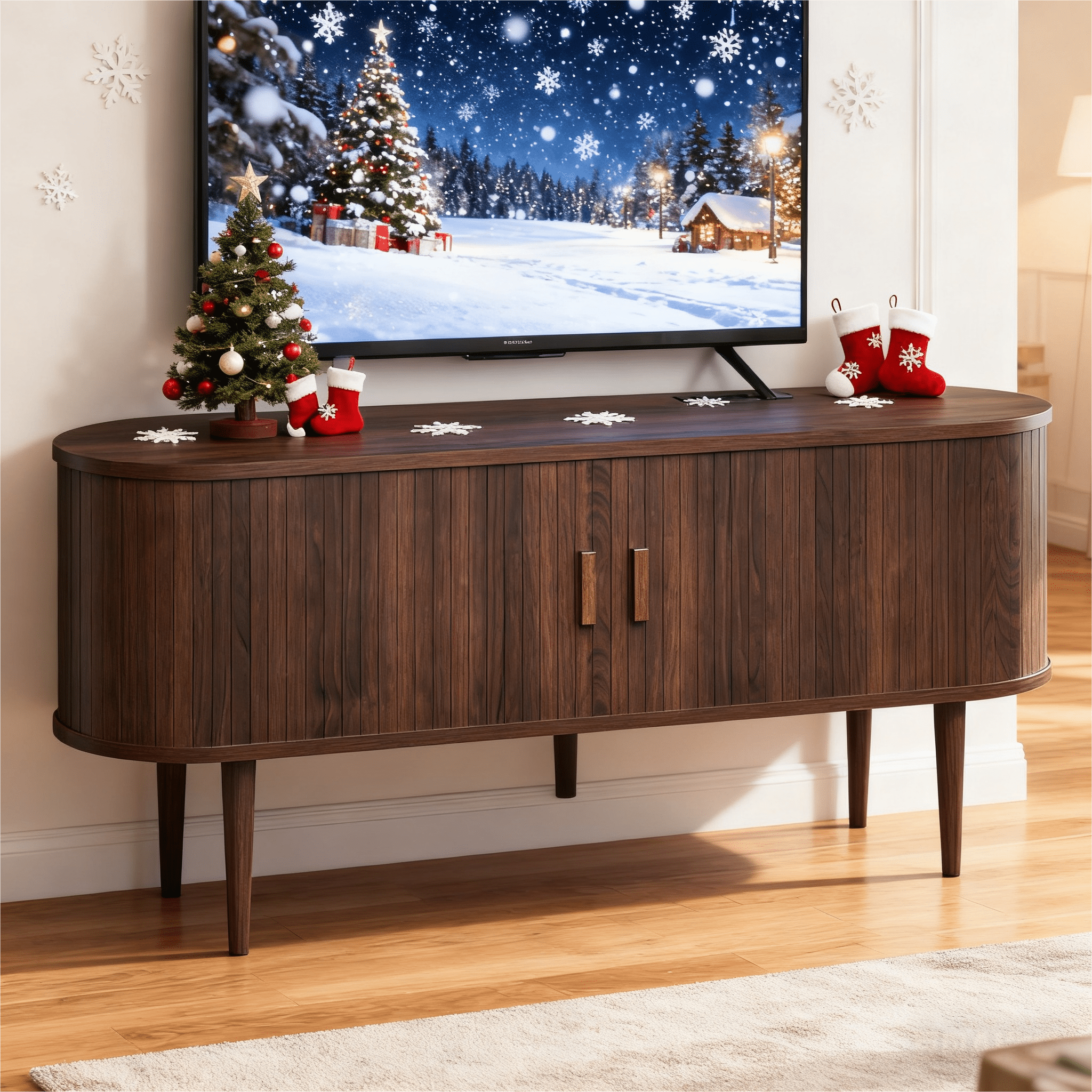 Easoger 58"TV Stand with Curved Profile Sliding Doors, Entertainment ...