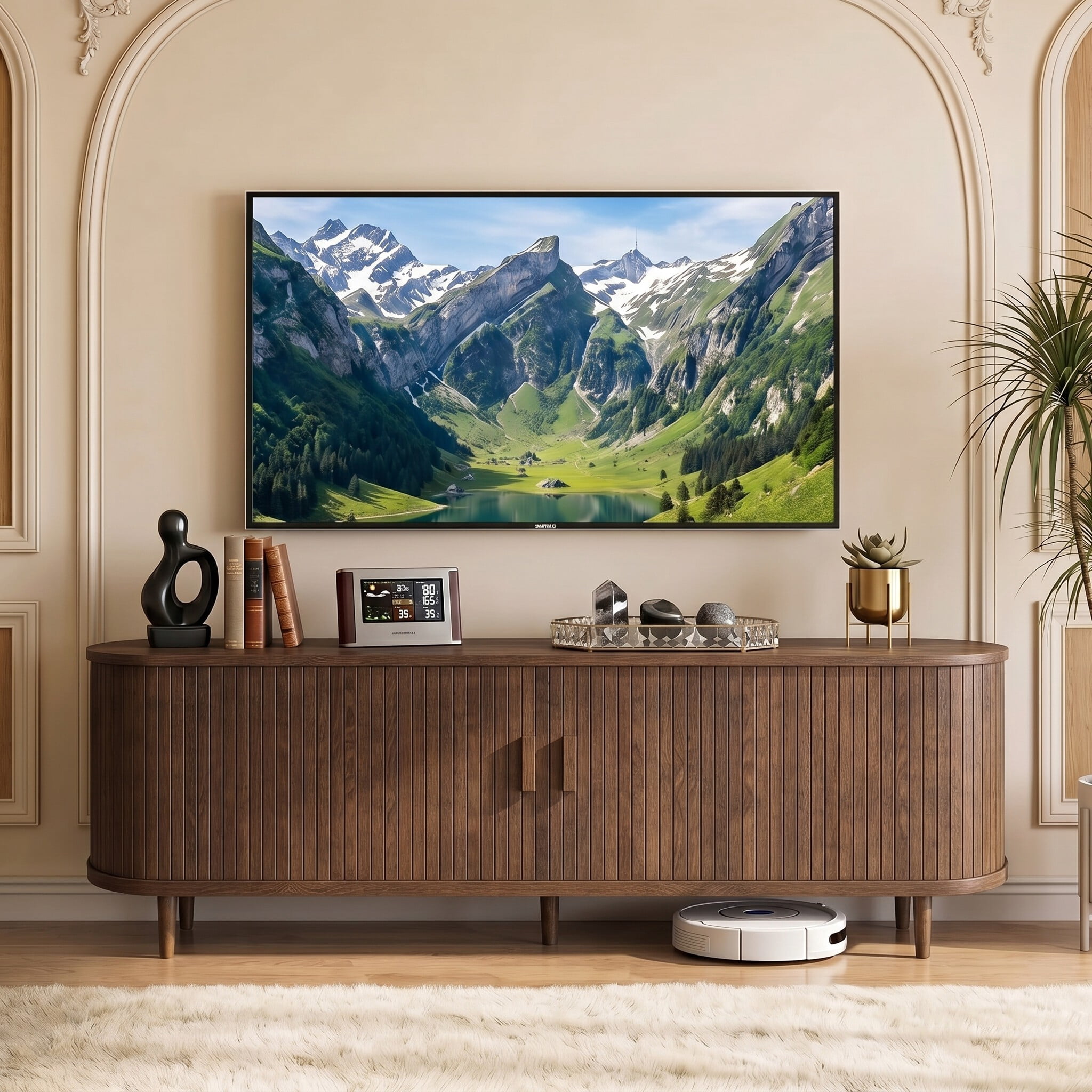 Easoger 65" Sliding Door TV Stand with Charging Station, Fluted ...