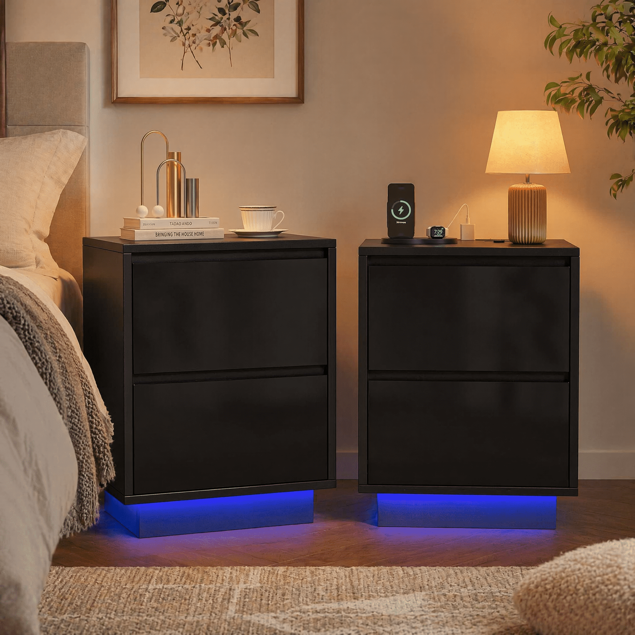 Easoger Nightstand Set of 2 with LED Lights, 2 Drawers & USB Ports ...