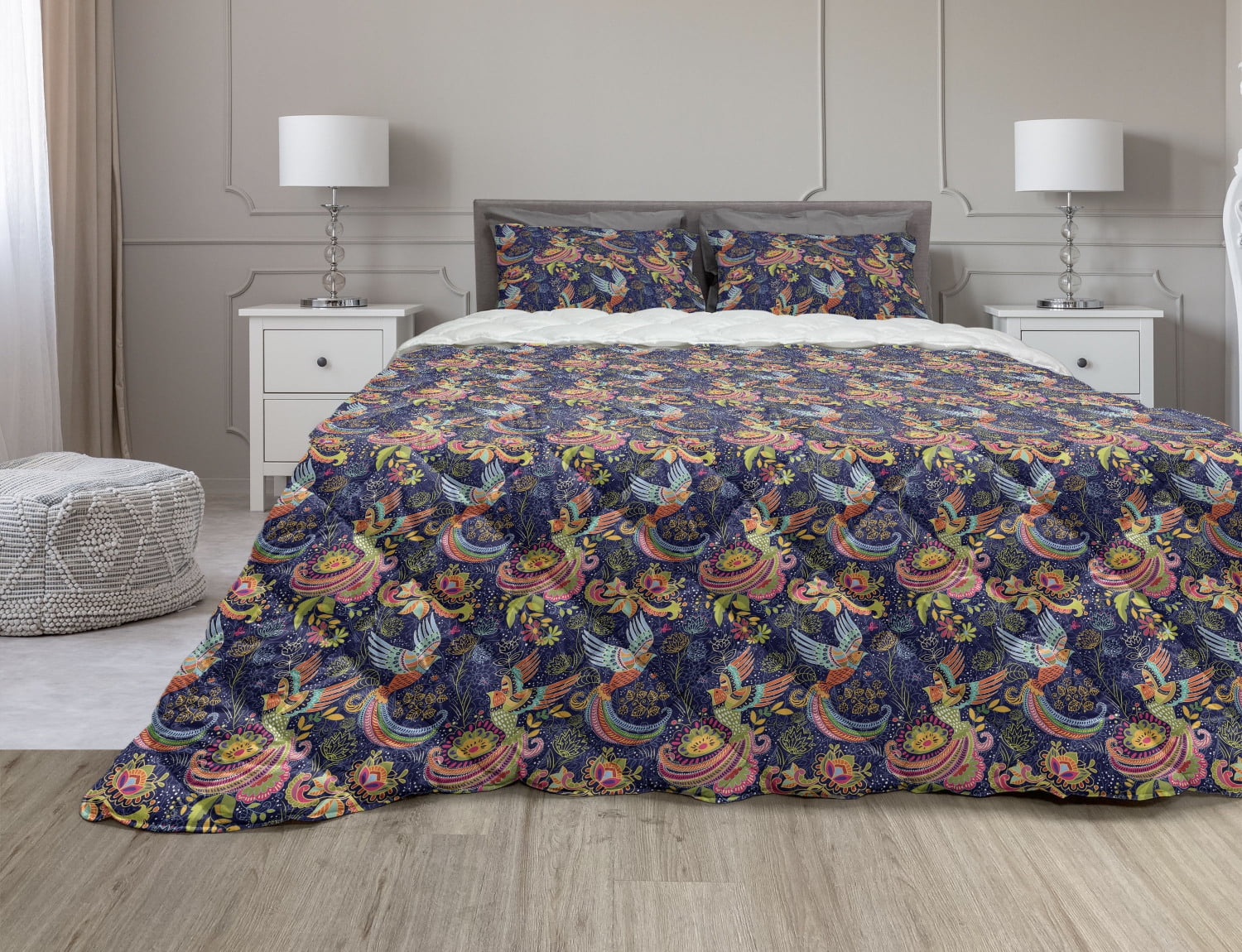 East Comforter & Sham Bedding Set, Cartoon Style Abstract Birds with ...