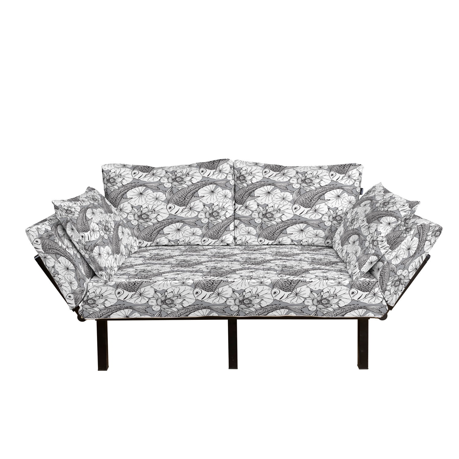 East Futon Couch, Sketch Style Lotus and Carp Koi Fish Japanese of ...