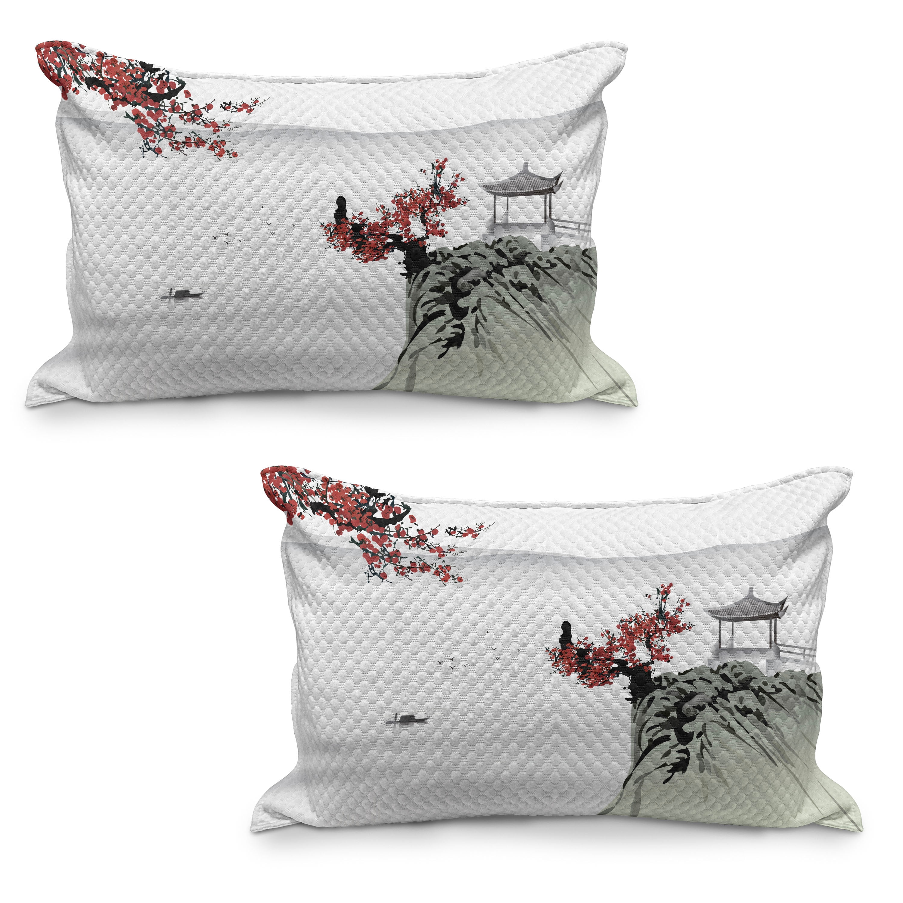 East Quilted Pillowcover Set of 2, River Scenery Cherry Blossoms Boat ...