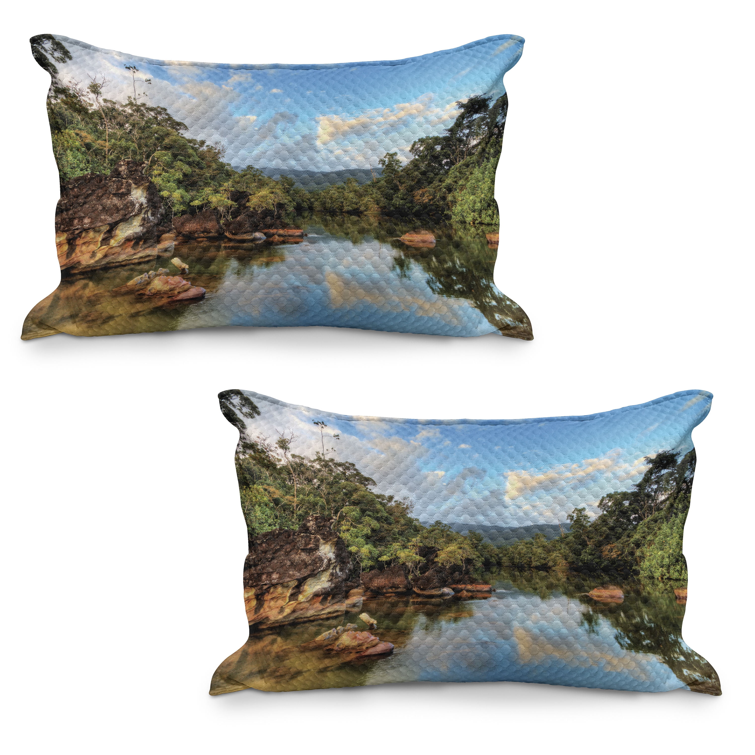 East Quilted Pillowcover Set of 2, View of the Tropical Jungle River at ...