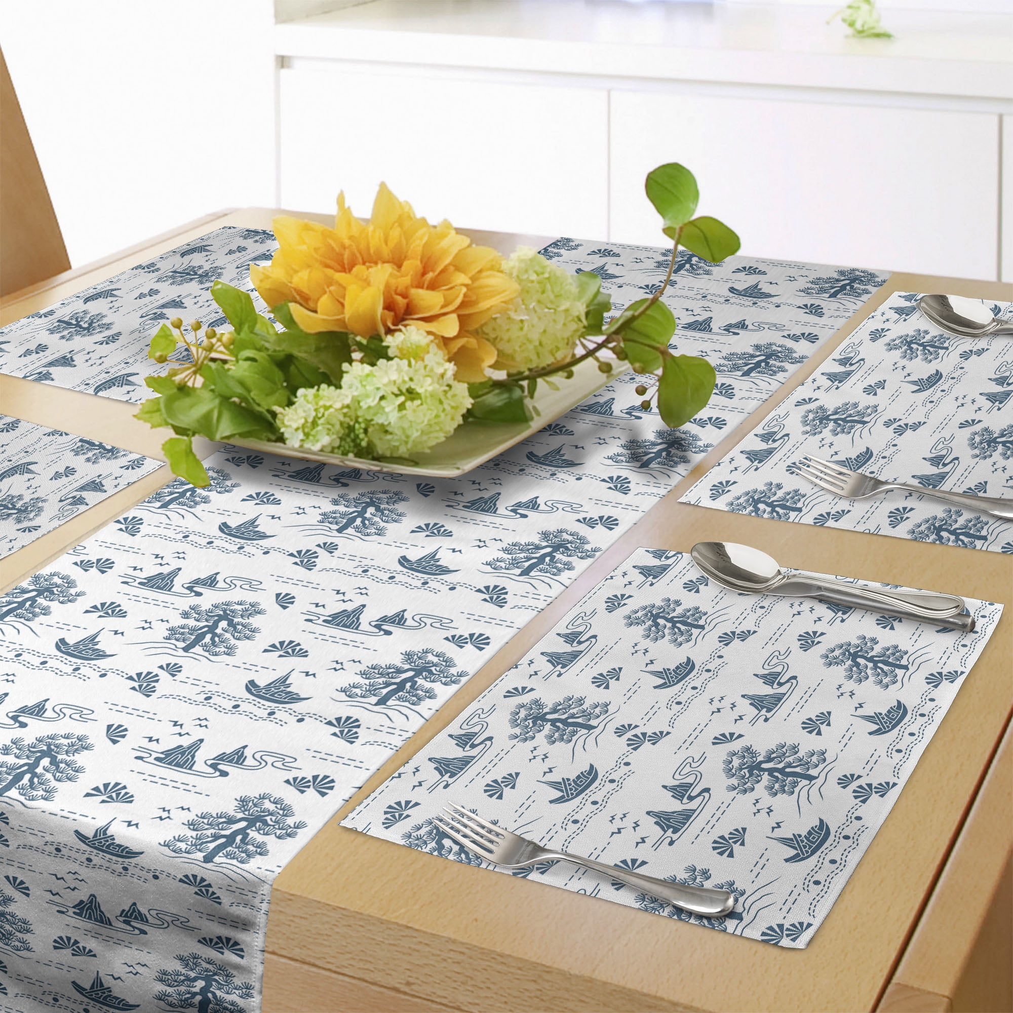 East Table Runner & Placemats, Monochrome Chinese Traditional Elements ...