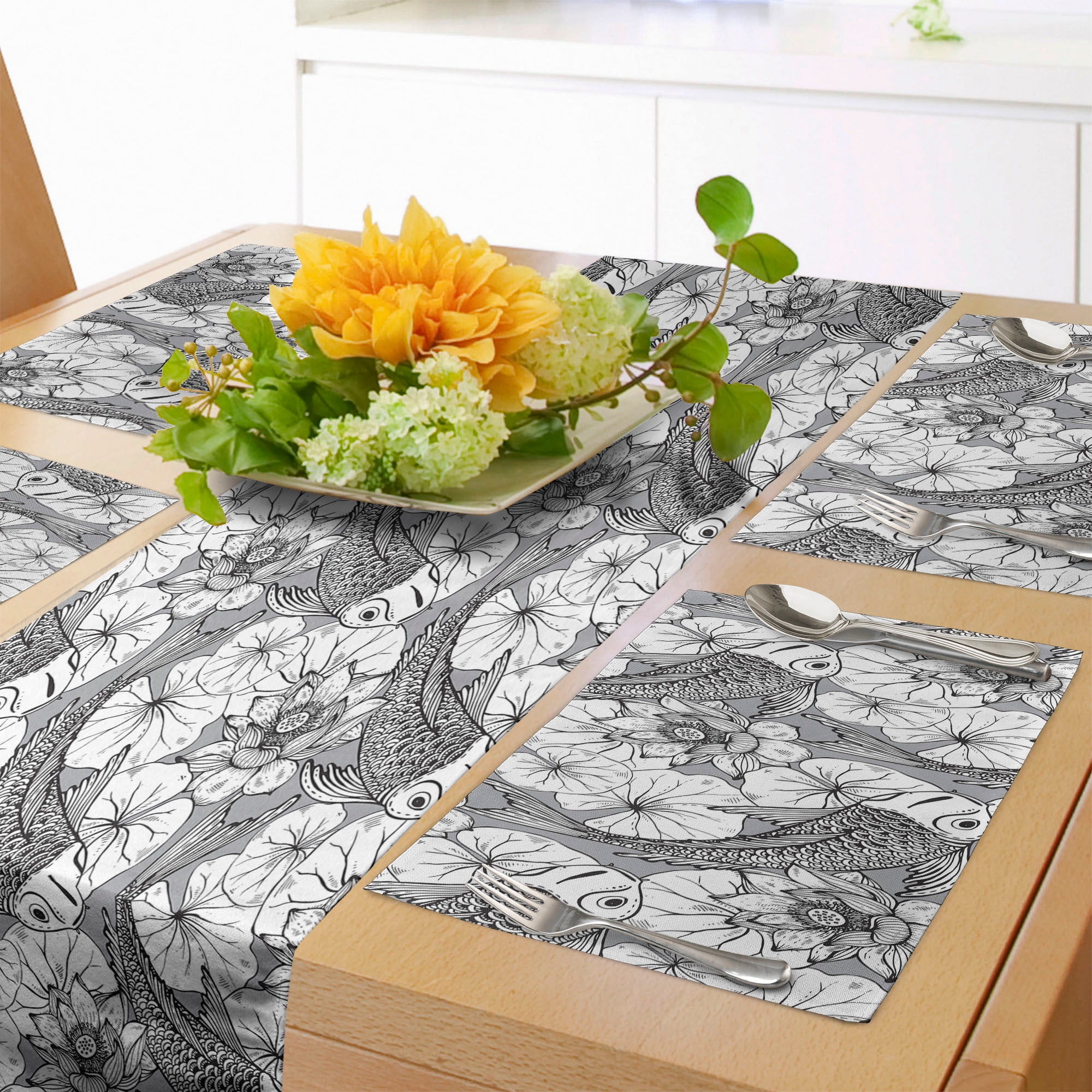 East Table Runner & Placemats, Sketch Style Lotus and Carp Koi Fish ...