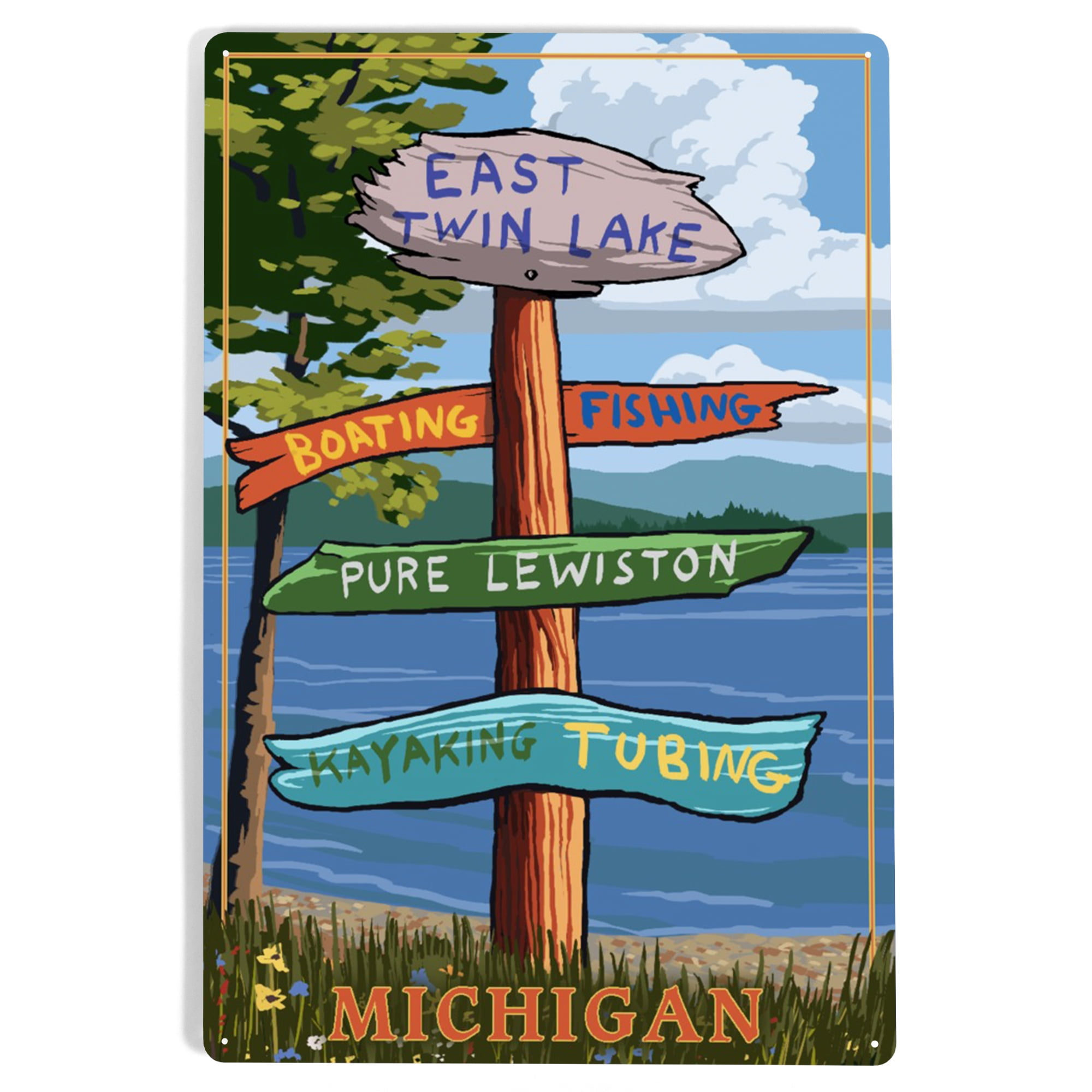 East Twin Lake, Lewiston, Michigan, Destinations Sign (12x18 Aluminum ...