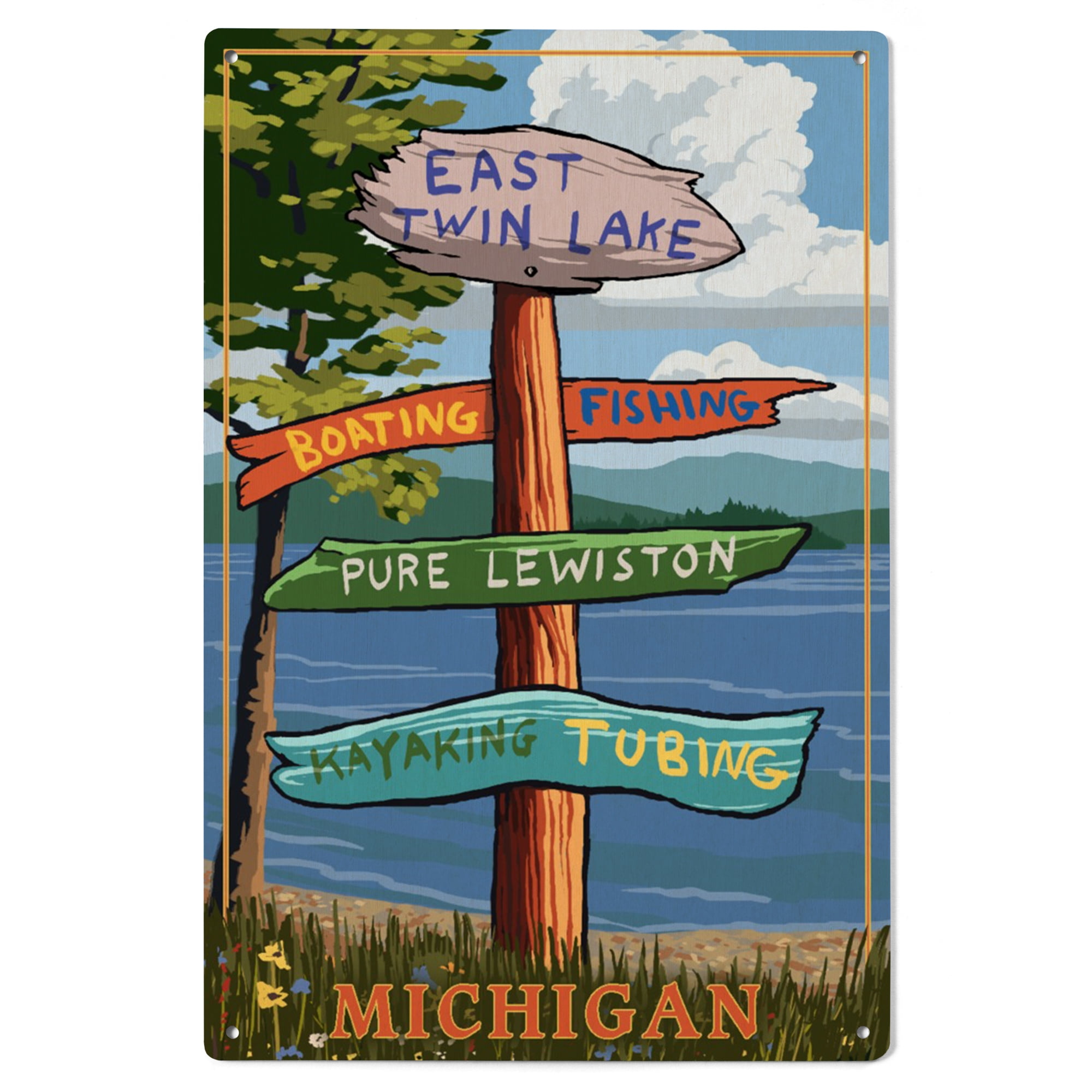 East Twin Lake, Lewiston, Michigan, Destinations Sign Birch Wood Wall ...