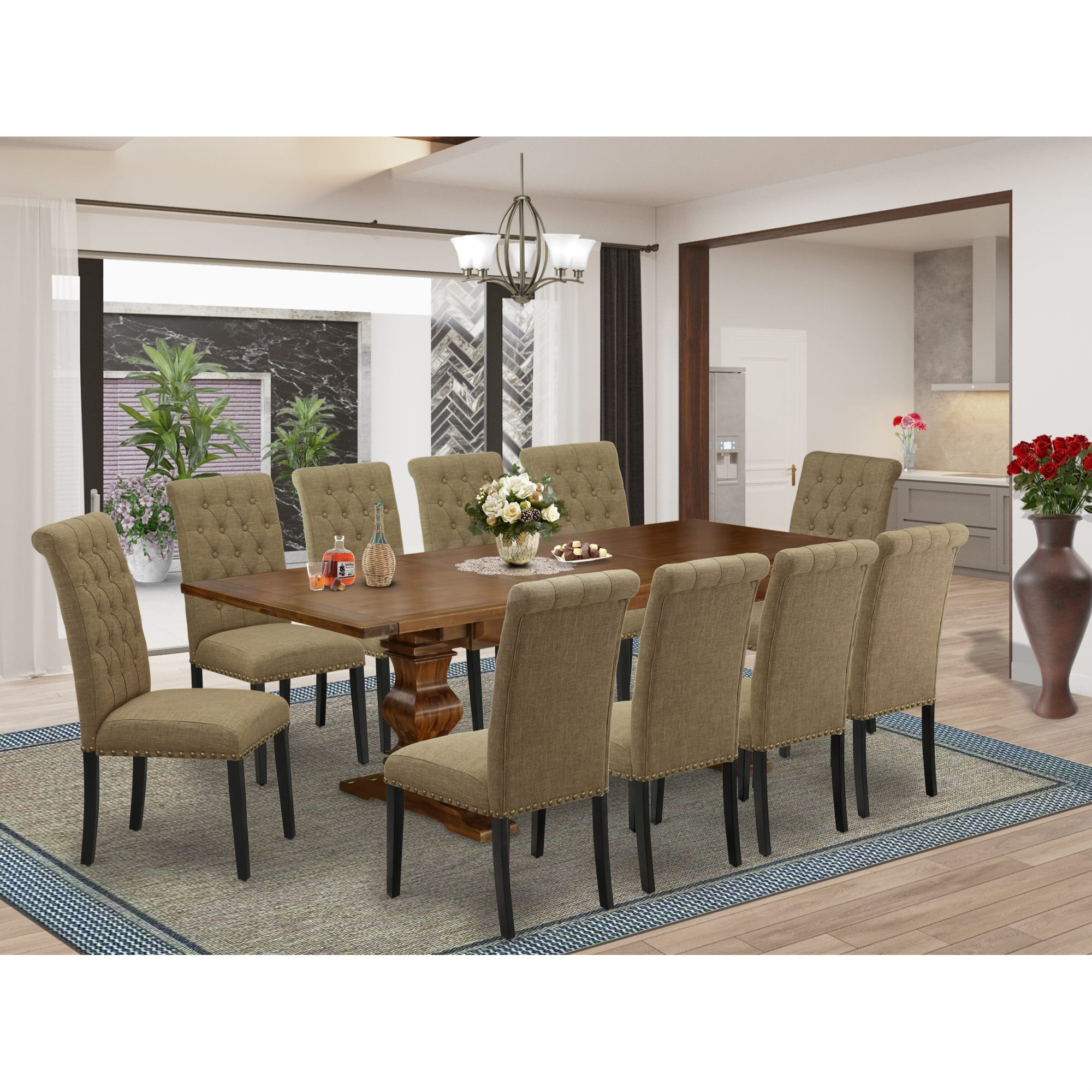 East West Furniture 11-Pieces Table Set - A Butterfly Leaf Double Pedestal Wooden Table and 10 ...