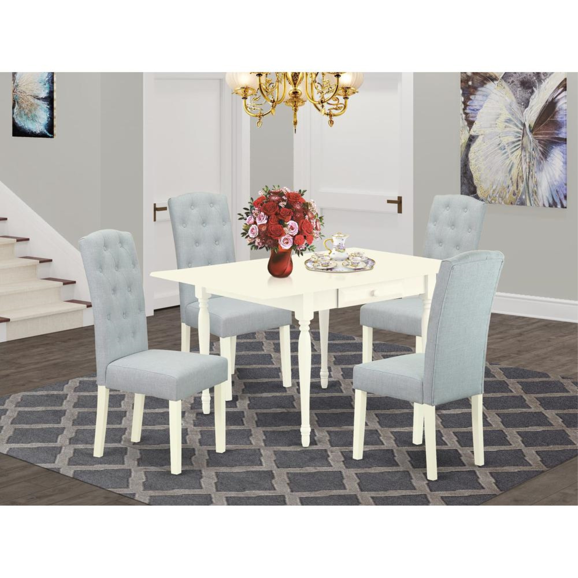 East West Furniture 5Pcs Wood Dining Set in Linen White/Baby Blue ...