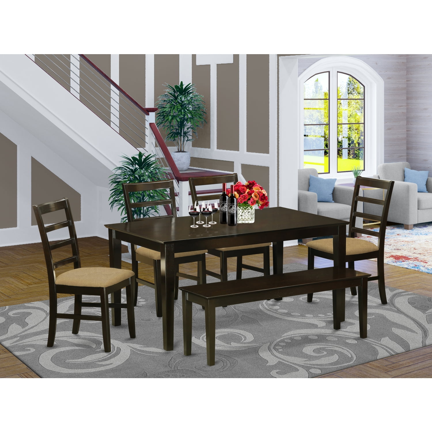 East West Furniture 6 Piece Kitchen Table With Bench Set-Dinette Table ...