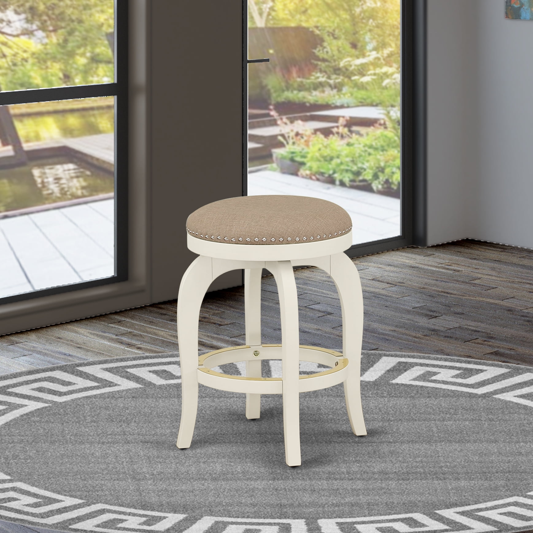 East West Furniture Bedford 24" Wood Swivel Backless Bar Stool in Linen ...