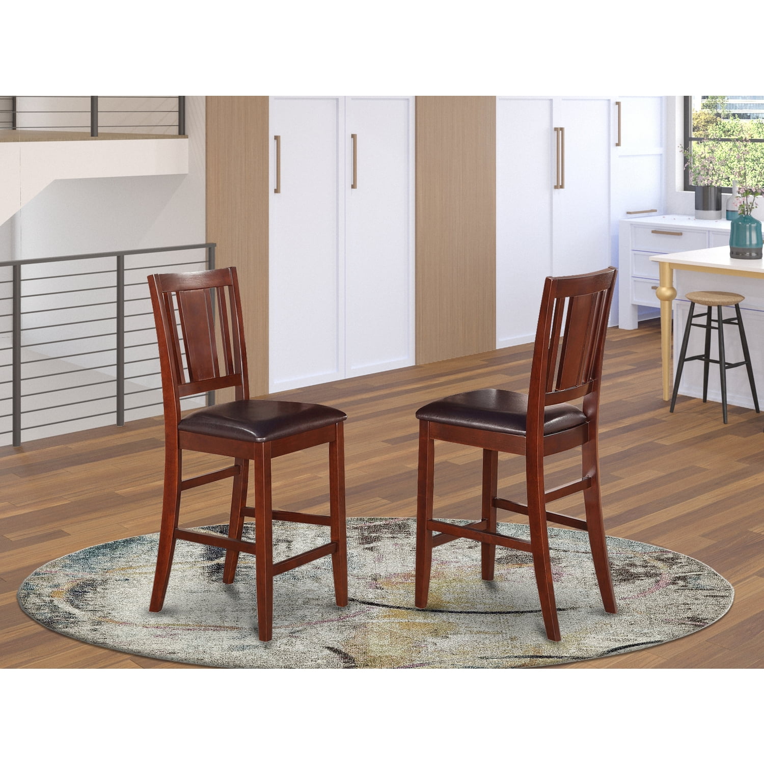 East West Counter Height Dining Chairs - Faux Leather Seat - Set of 2 ...