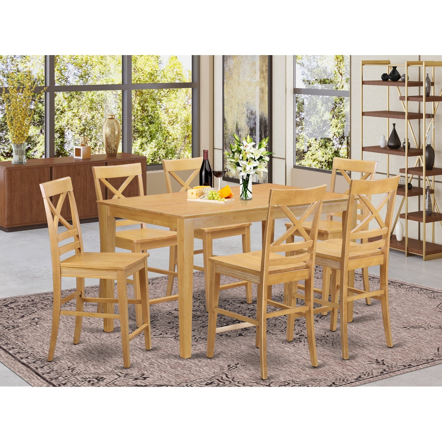East West Furniture CAQU7H-OAK-W Counter Height Table & 6 Stool, Oak ...
