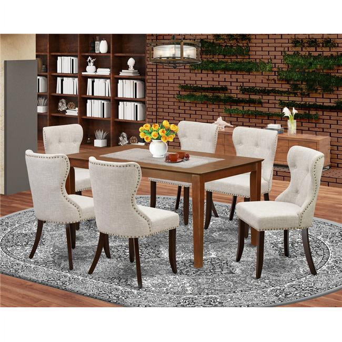 East West Furniture Capri Dining Table Set - Mahogany & Doeskin, Set of ...
