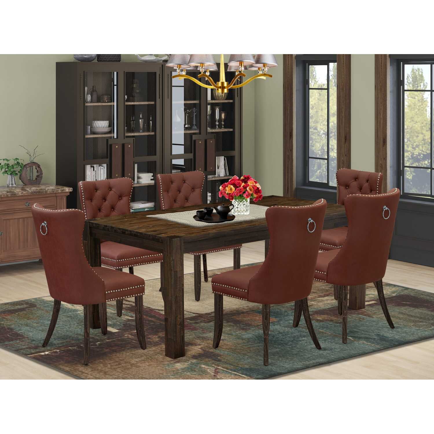 East West Furniture 7-Piece Dining Table Set in Burgundy/Distressed ...